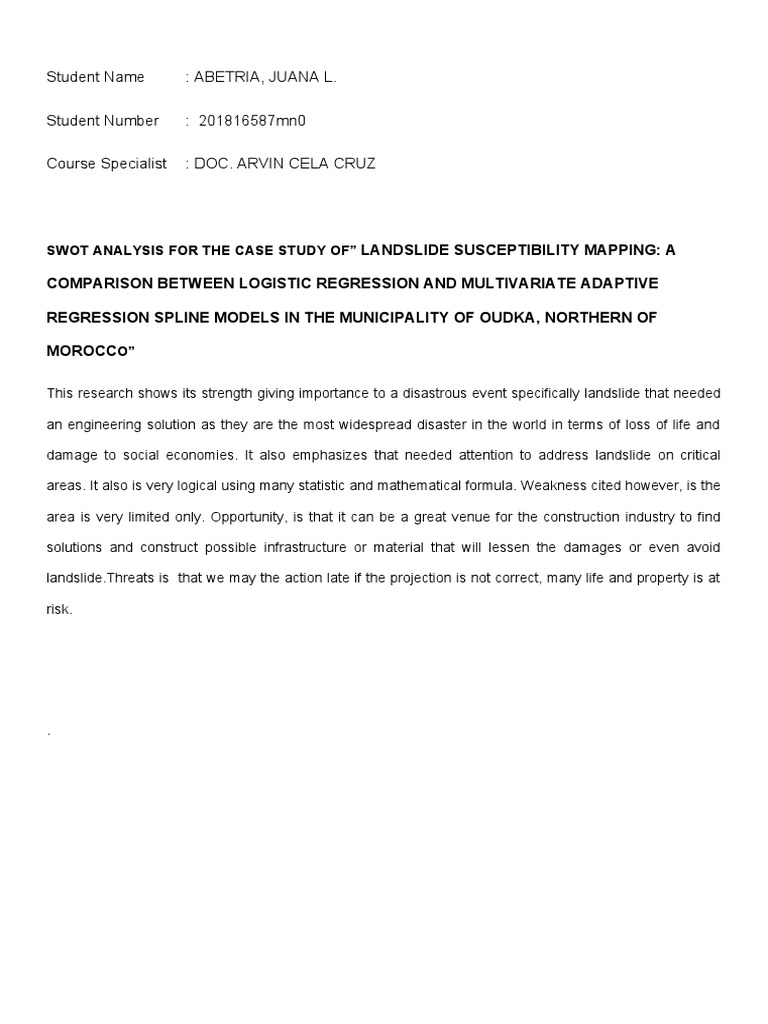Comparing Logistic Regression And Multivariate Adaptive Regression Splines Models For Landslide