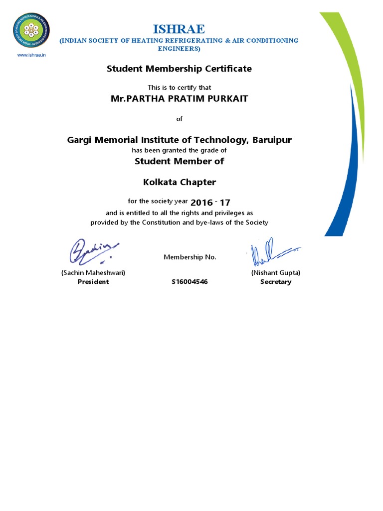 Ishrae: Student Membership Certificate MR - Partha Pratim Purkait | PDF