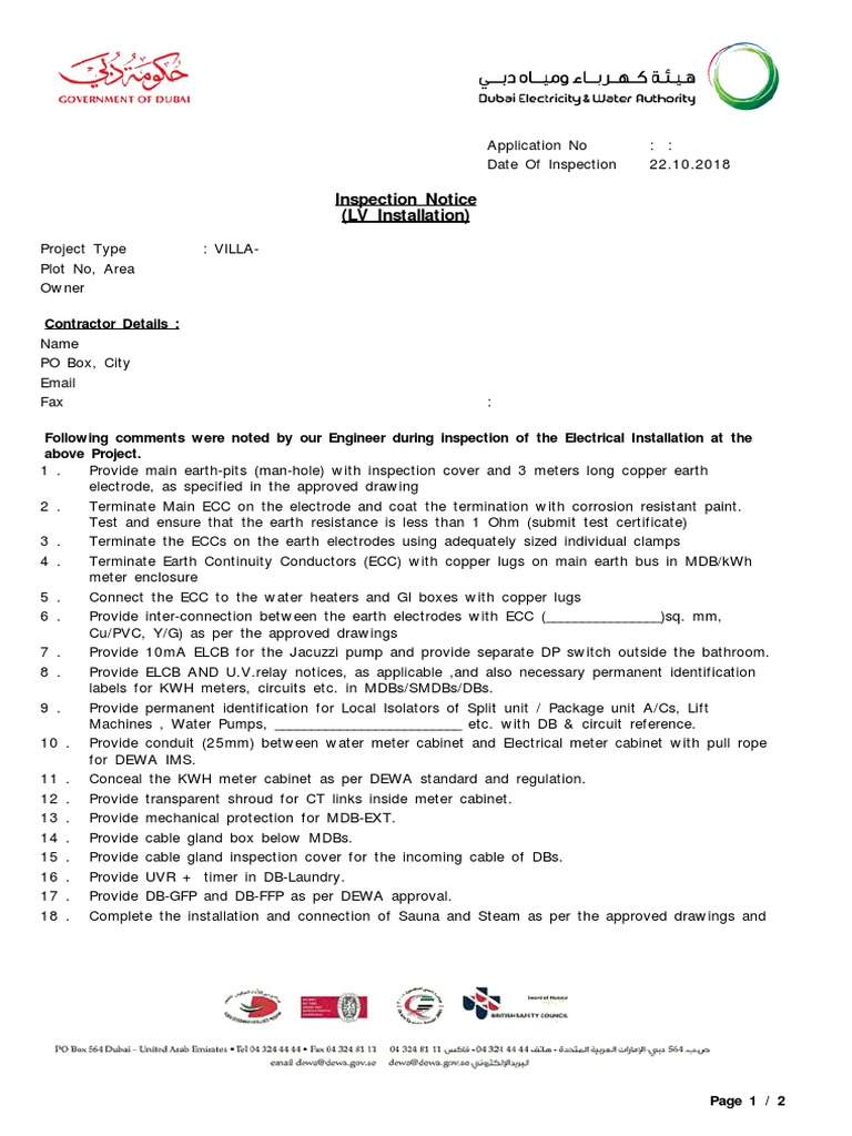 Sample Dewa Inspection Comments | PDF | Air Conditioning | Electricity