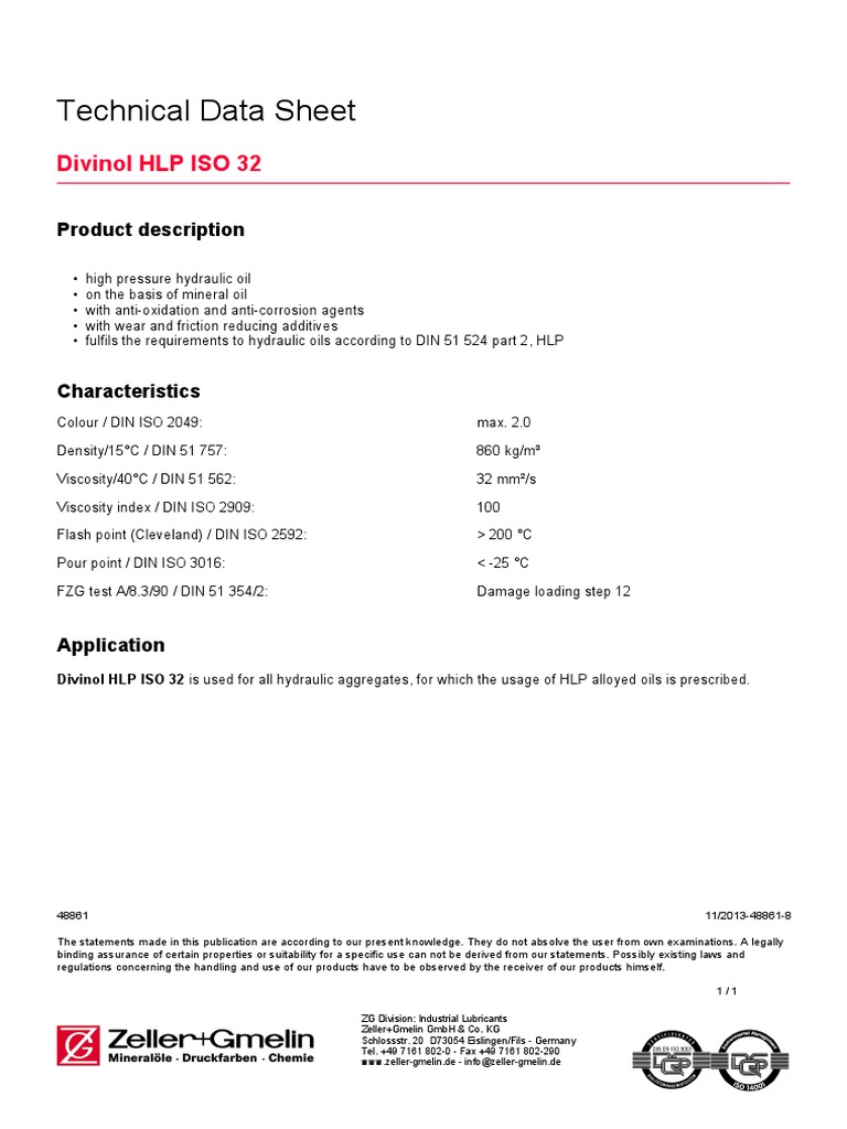 Technical Data Sheet: Divinol HLP ISO 32 | PDF