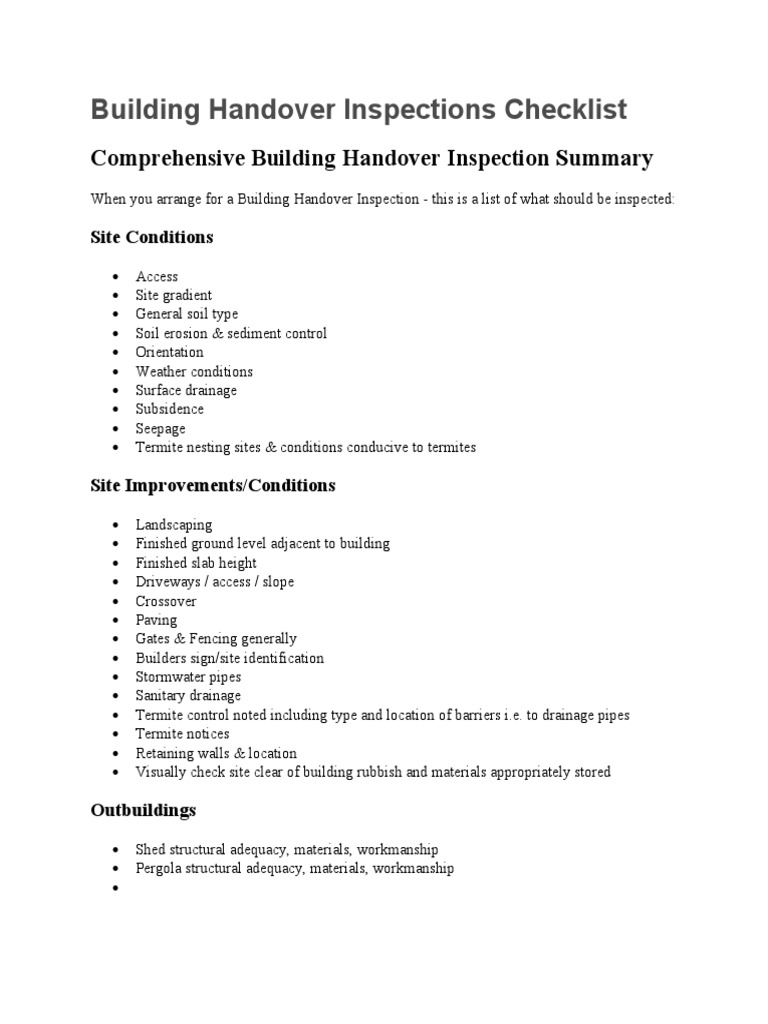 Building Handover Inspections Checklist | PDF | Framing (Construction ...