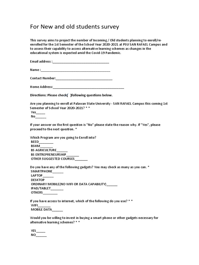 For New and Old Students Survey | PDF