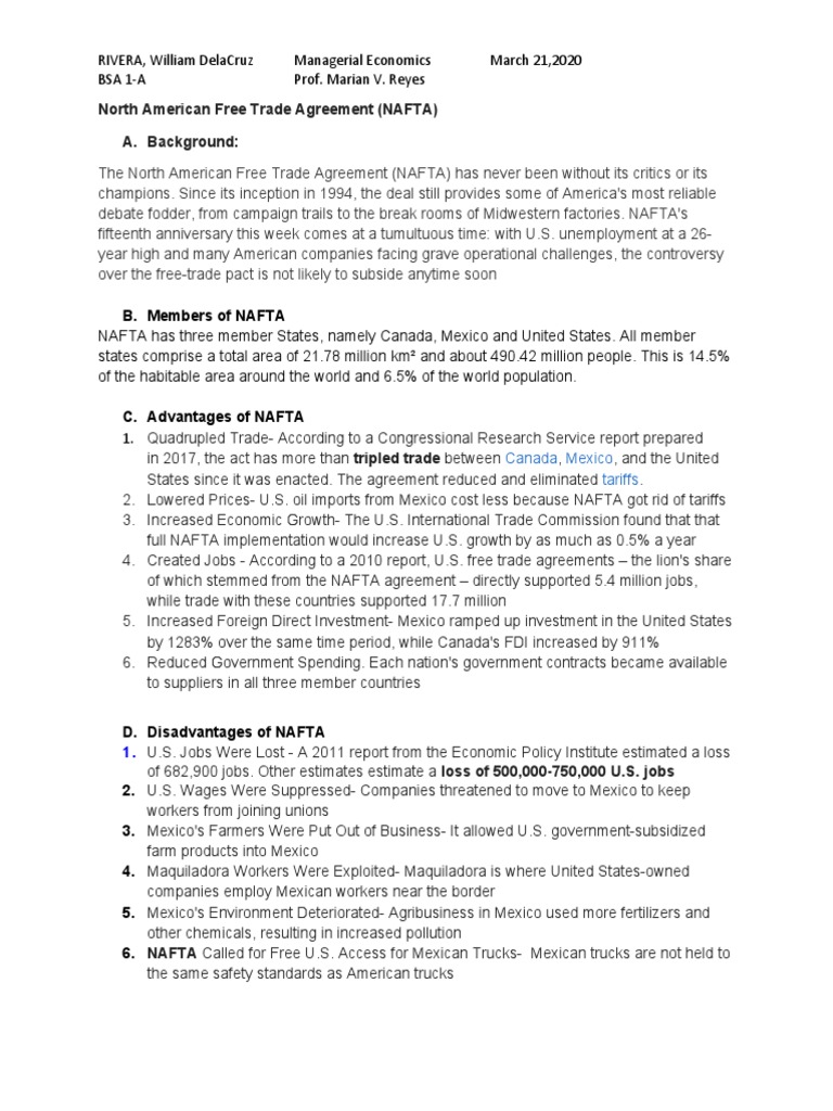 North American Free Trade Agreement (NAFTA) A. Background:: B. Members ...