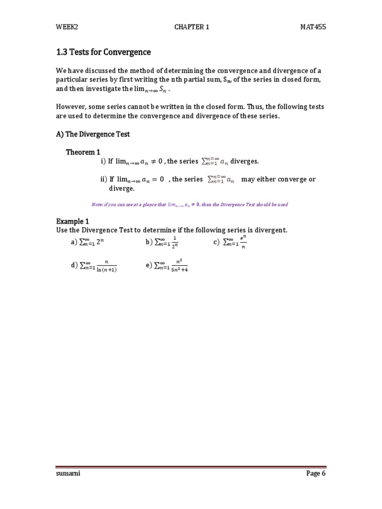 Tests for Convergence and Divergence Series (MAT455 | PDF | Complex ...