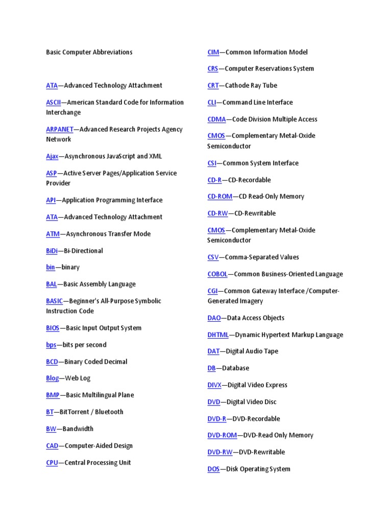 Basic Computer Abbreviations PDF | PDF | Computer Network | Computer Memory