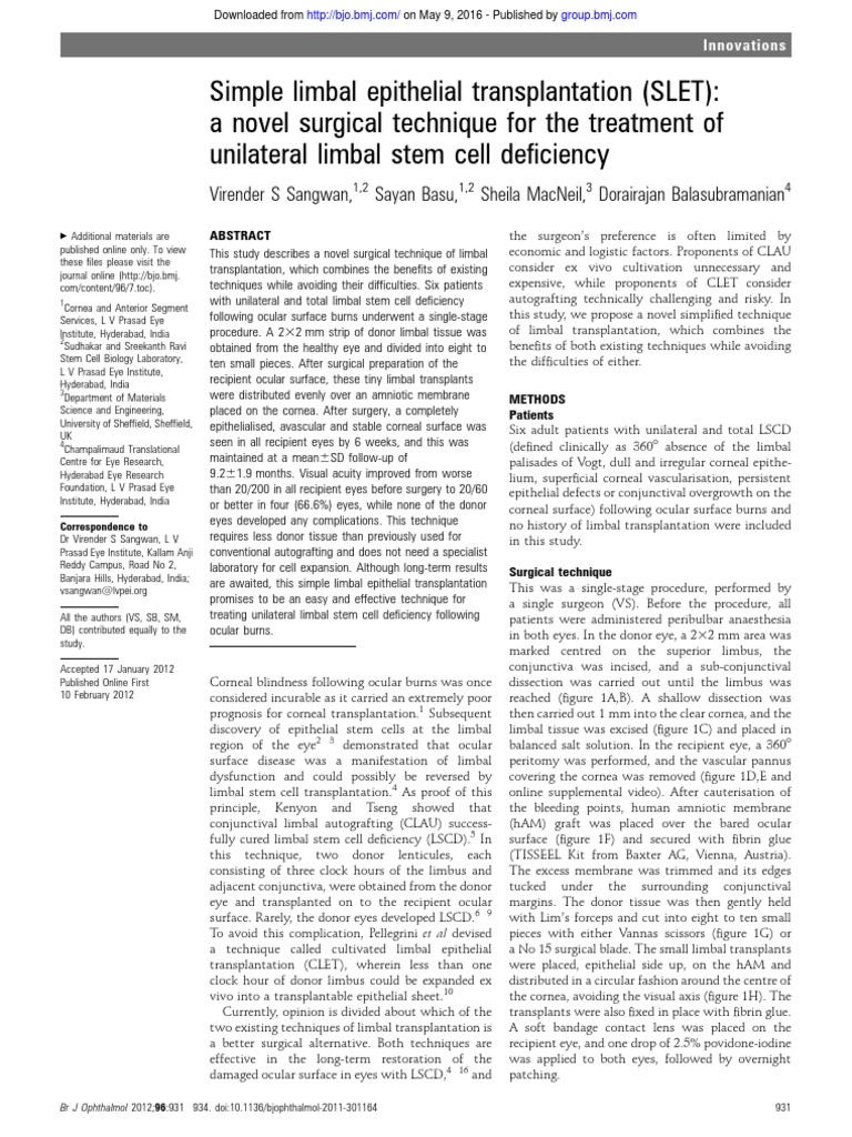 Simple Limbal Epithelial Transplantation (SLET) : A Novel Surgical ...