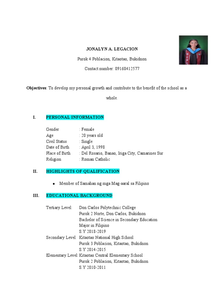 Jonalyn A. Legacion's Resume and Cover Letter for a Teaching Position ...