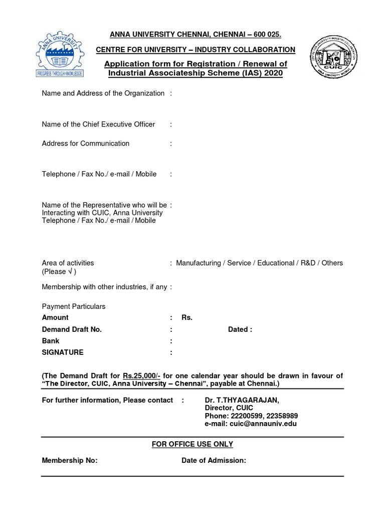 Application Form For Registration / Renewal of Industrial Associateship ...