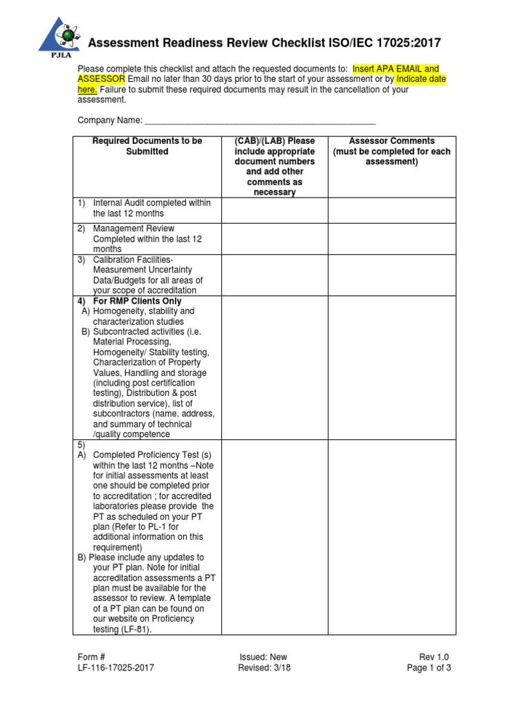 Assessment Readiness Review Checklist ISO/IEC 17025:2017 | PDF ...