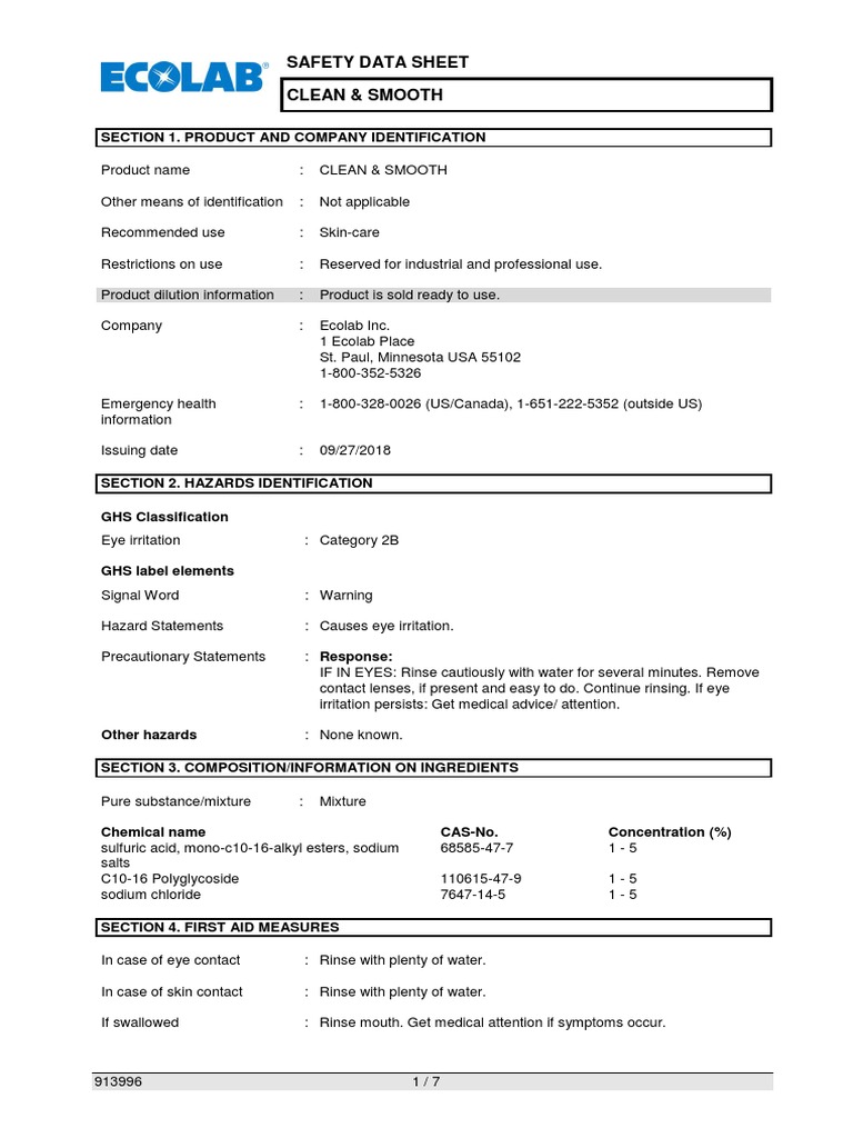 Safety Data Sheet Clean & Smooth | PDF | Toxicity | Dangerous Goods