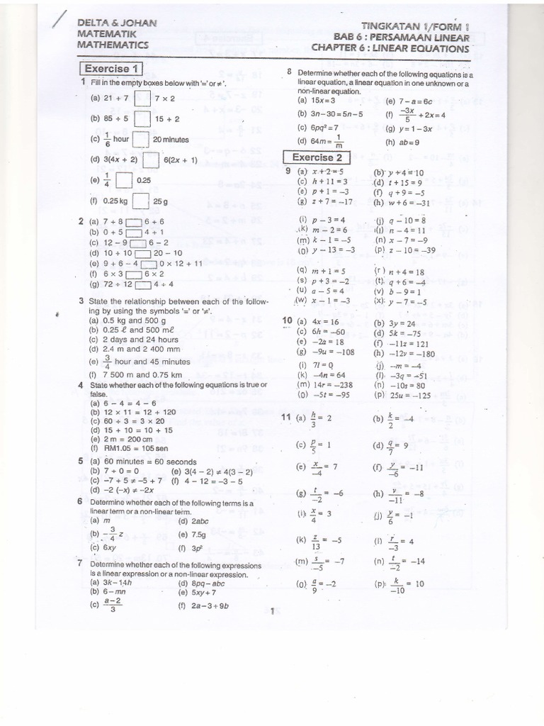 Form 1 Mathematics: Linear Equations | PDF | Area | Geometric Measurement