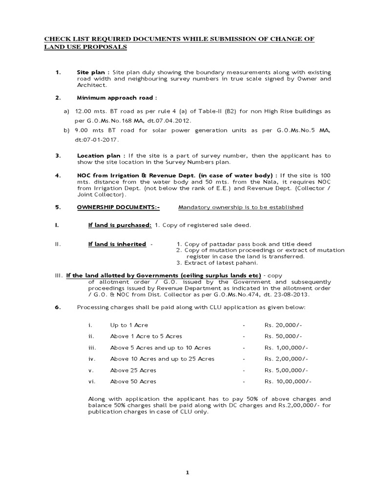 Check List Required Documents While Submission of Change of Land Use Proposals | PDF ...