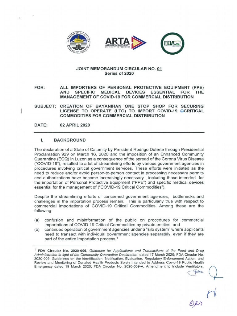 Joint Memorandum Circular No. 01 Series of 2020 (BOC-ARTA-FDA) | PDF