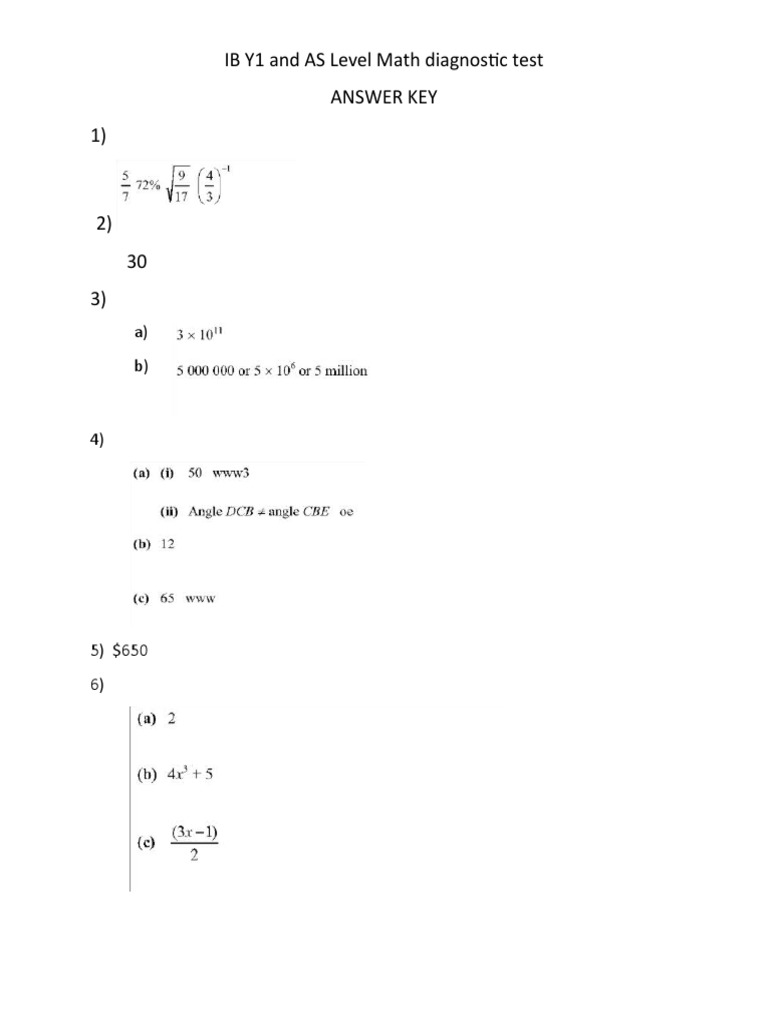 IB Y1 and AS Level Math Diagnostic Test Answer Key 1) | PDF
