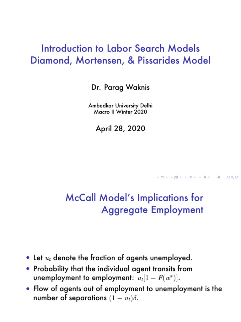 Introduction To Labor Search Models Diamond, Mortensen, & Pissarides ...