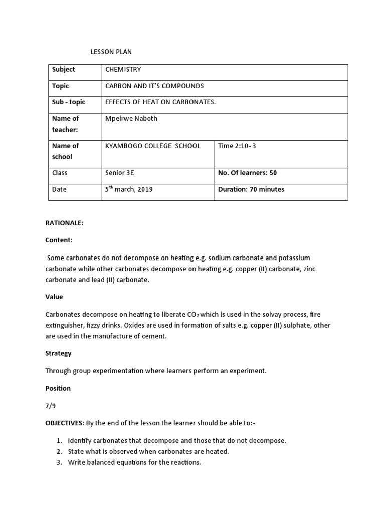 LESSON PLAN Carbon and Its Compounds | PDF | Carbonate | Sodium Carbonate