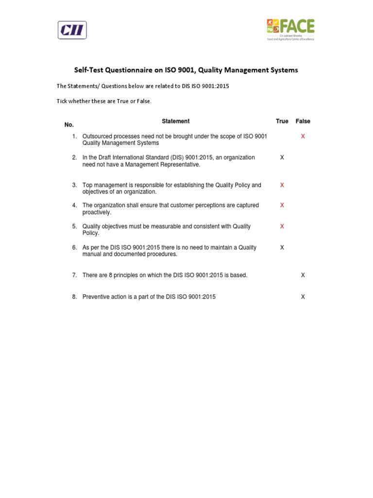 Self Test IIT-CII ISO 9001 Exercise Modified Answers PDF | PDF