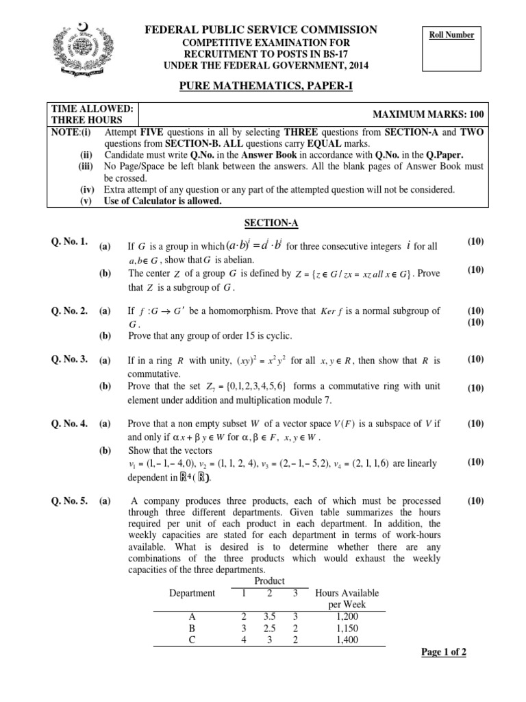Analysis of Pure Mathematics Questions for Federal Public Service ...