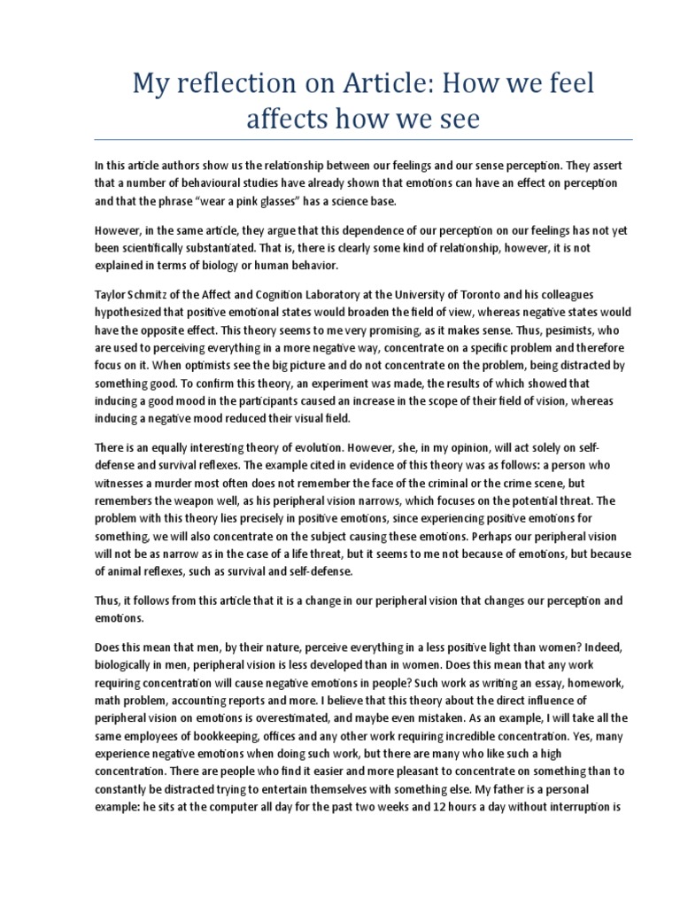 My Reflection On Article | PDF | Mood (Psychology) | Mental Health