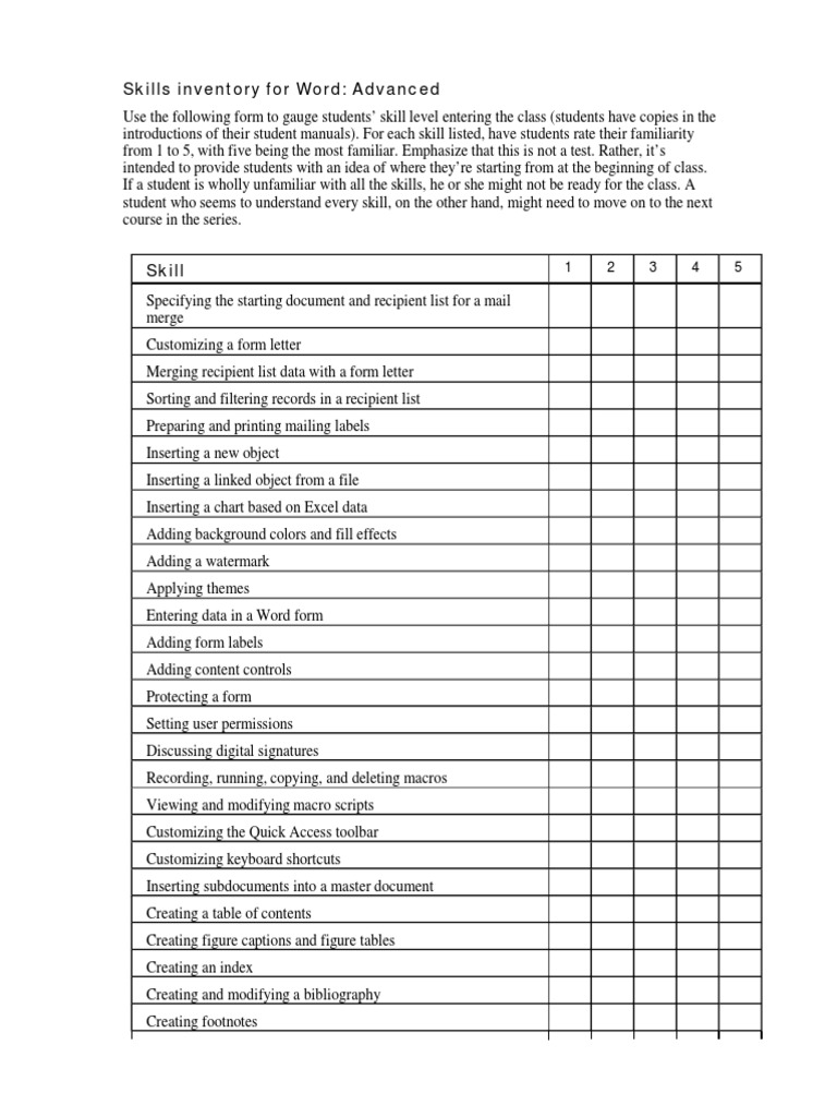 Advanced Word Skills Inventory Guide | PDF | Business | Computers