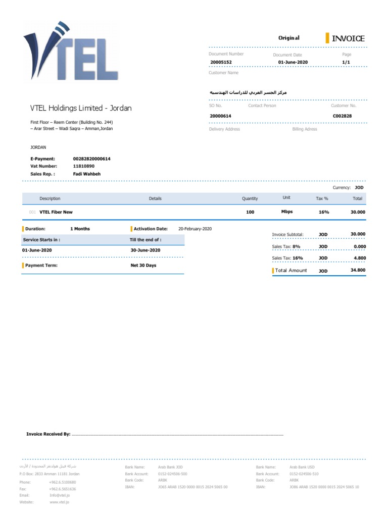 VTEL Invoice for Fiber Service in Jordan | PDF | Invoice | Services ...