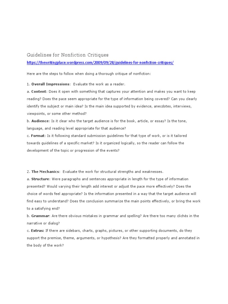 Nonfiction Critique Guidelines | PDF | Writers | Essays