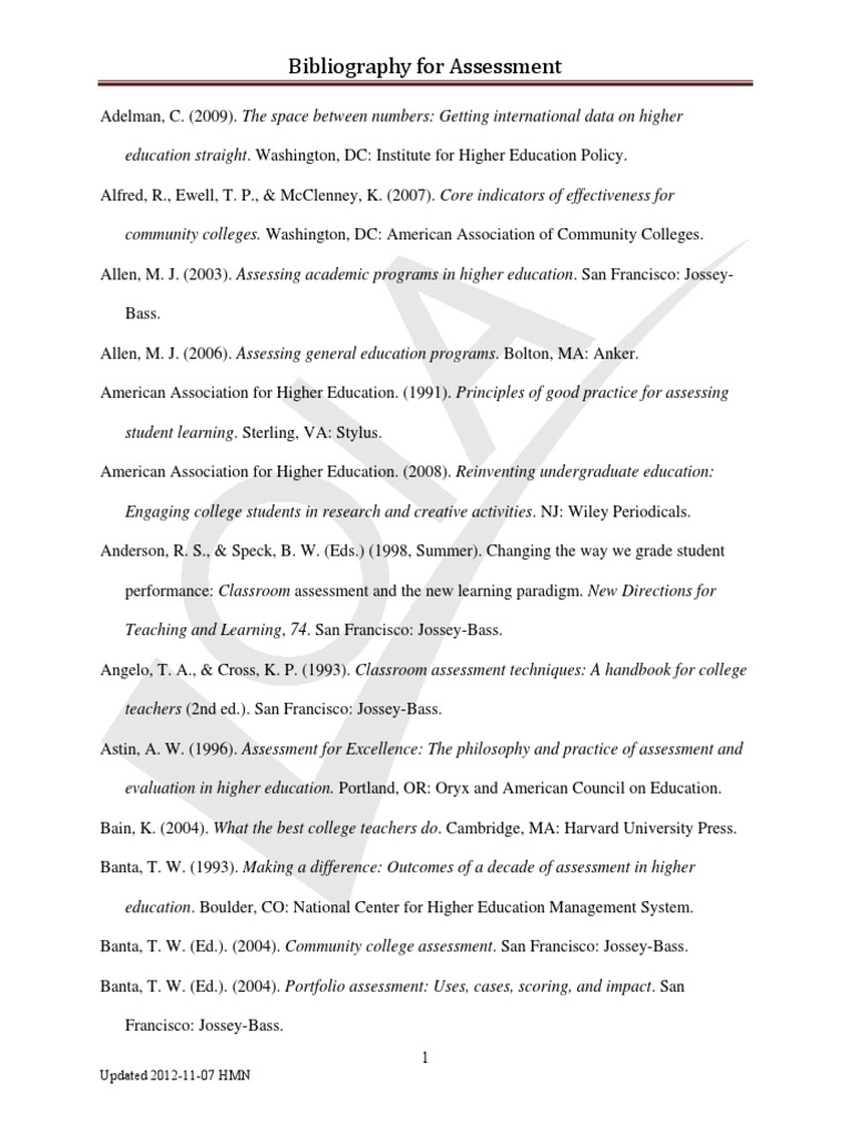 Bibliography For Assessment 2012-11-07 PDF | PDF | Profession | Academia
