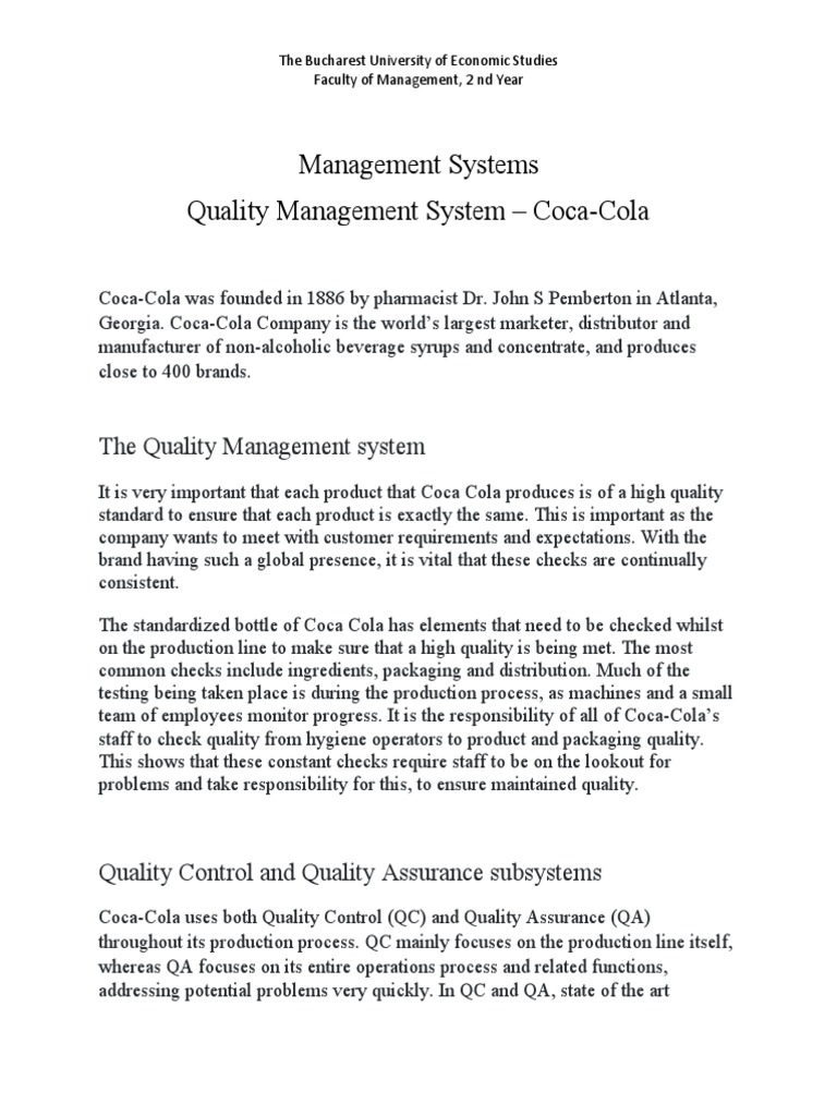 Quality Management System Coca-Cola | PDF | Coca Cola | Quality Assurance