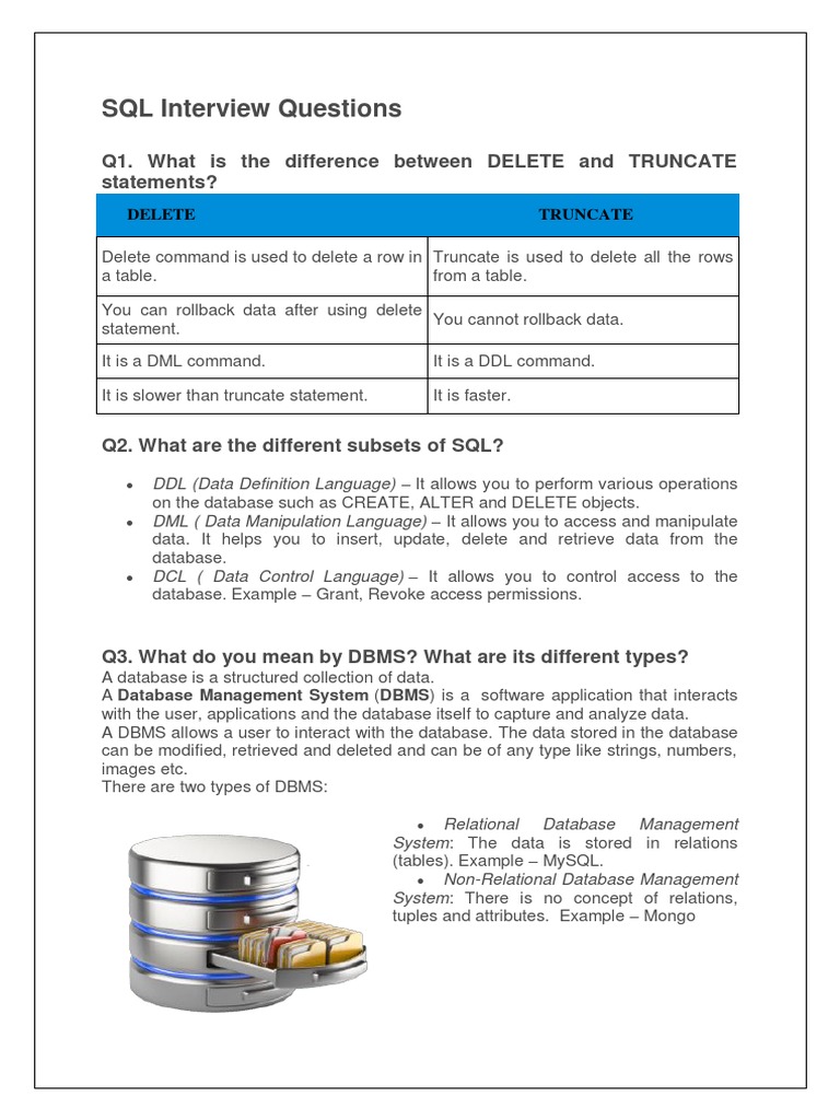 SQL Interview Questions: Q1. What Is The Difference Between DELETE and TRUNCATE Statements ...