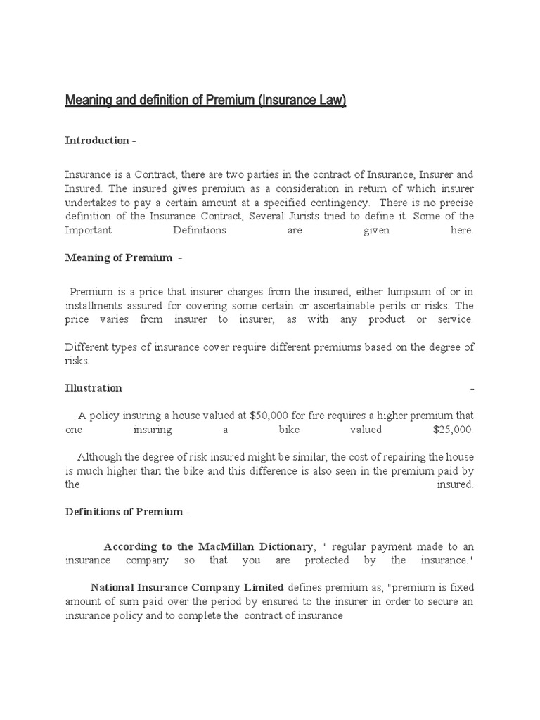 Meaning and Definition of Premium (Insurance Law) : Introduction | PDF ...