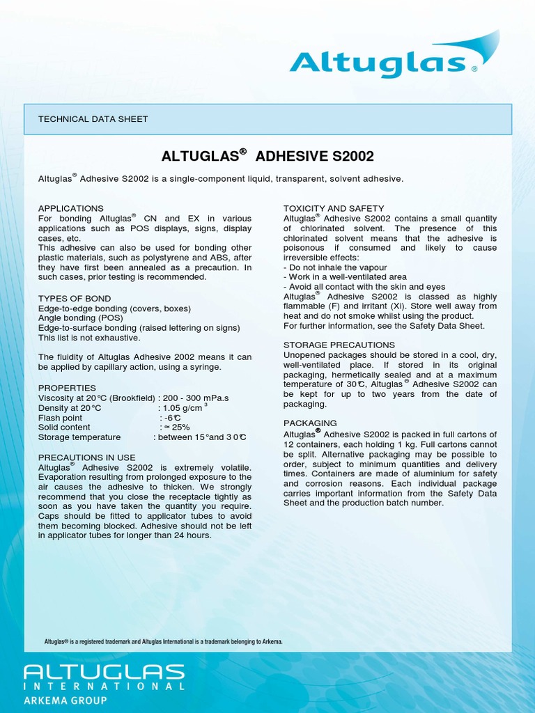 Altuglas S2002 | PDF | Adhesive | Poly(Methyl Methacrylate)