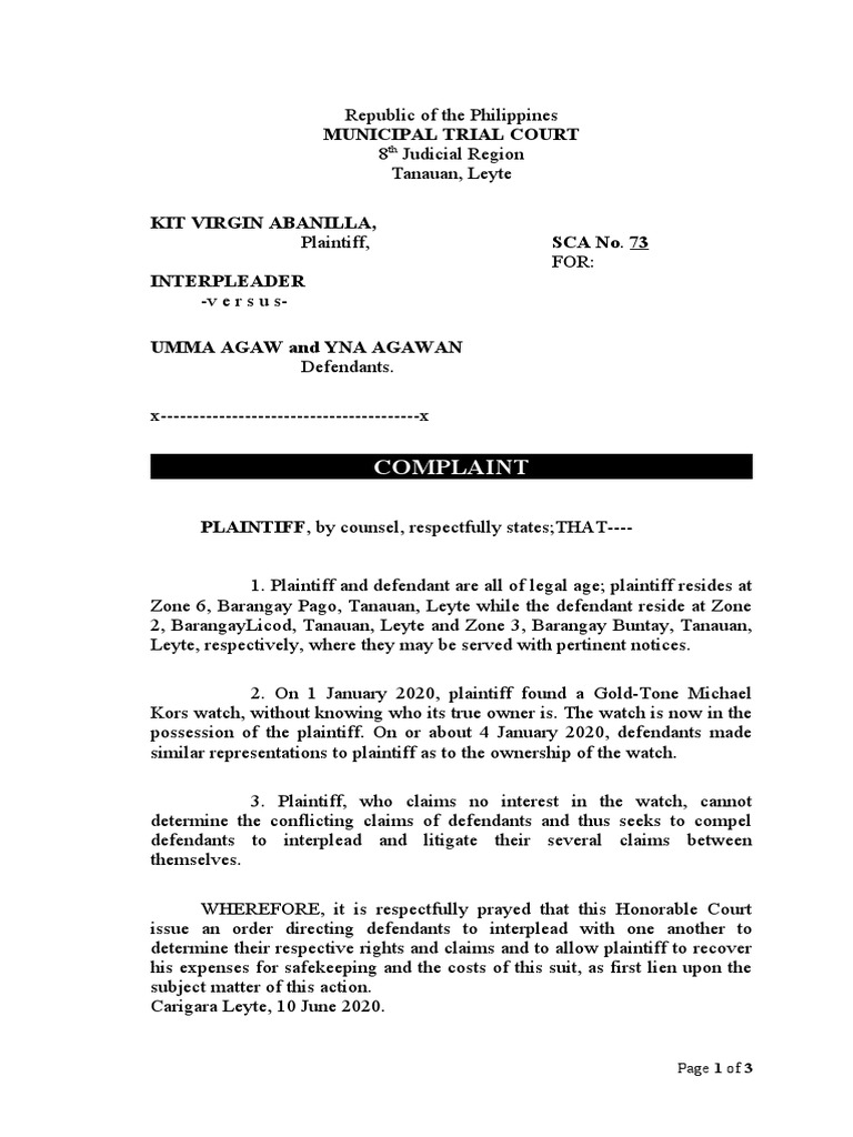Interpleader Complaint over Watch Ownership | PDF | Affidavit | Lawsuit