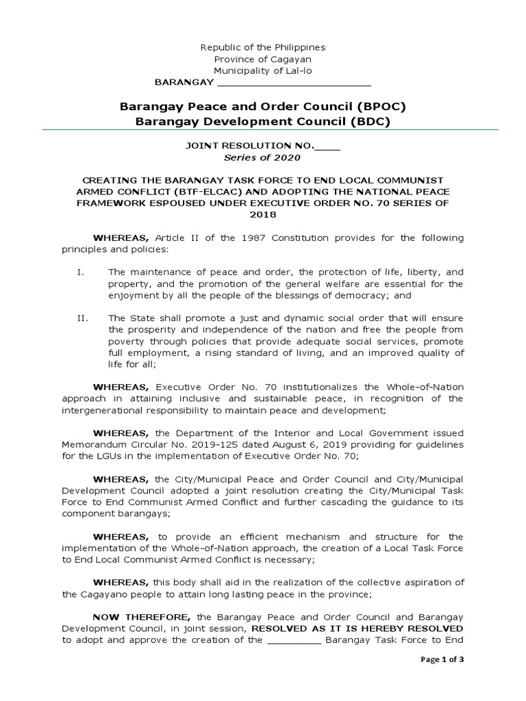 Barangay Joint Resolution BTF-ELCAC | PDF | Peace | Justice
