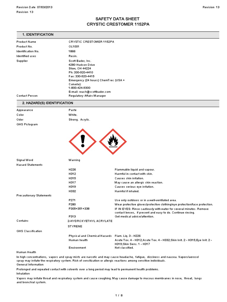 MSDS Masilla Crestomer 1152pa | PDF | Firefighting | Hazardous Waste