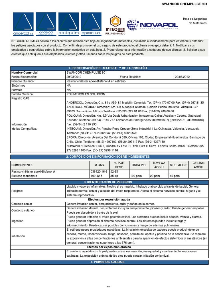 MSDS Resina Swancor 901 | PDF | Carcinógeno | Cáncer