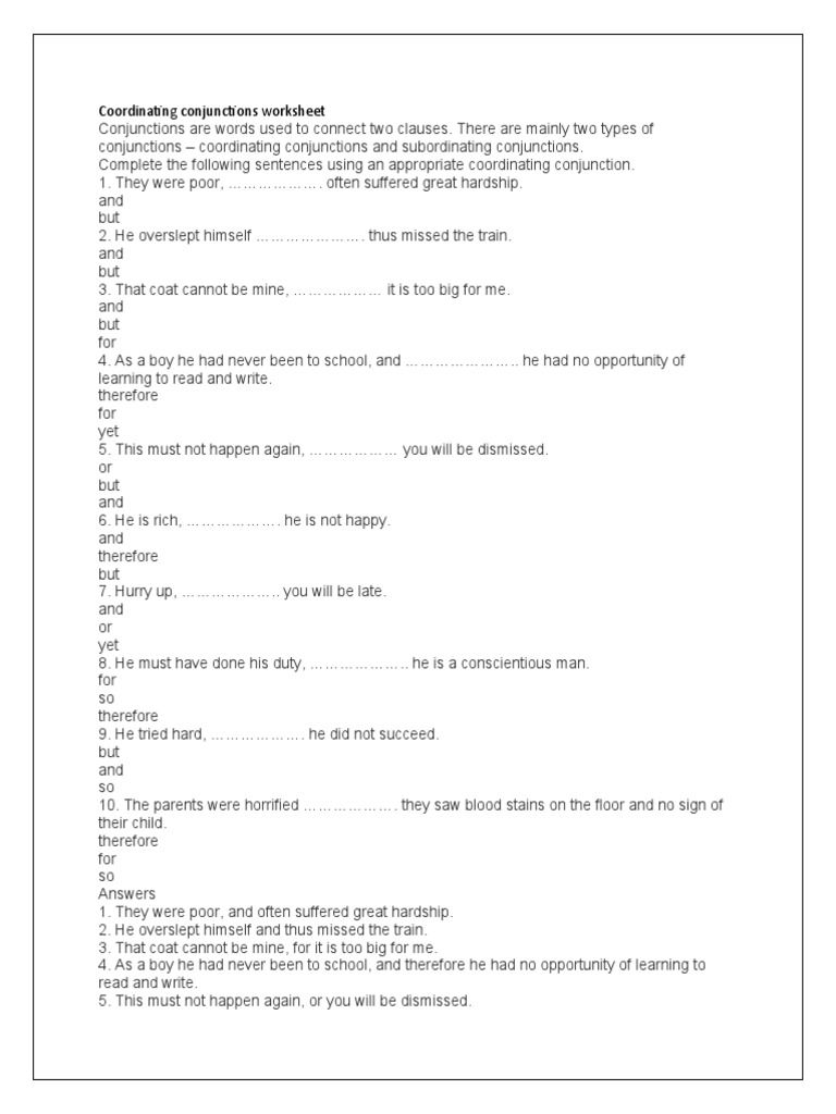 Coordinating Conjunctions Worksheet | PDF