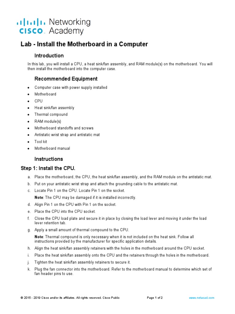 2.1.3.10 Lab - Install The Motherboard in A Computer | PDF | Electrical ...
