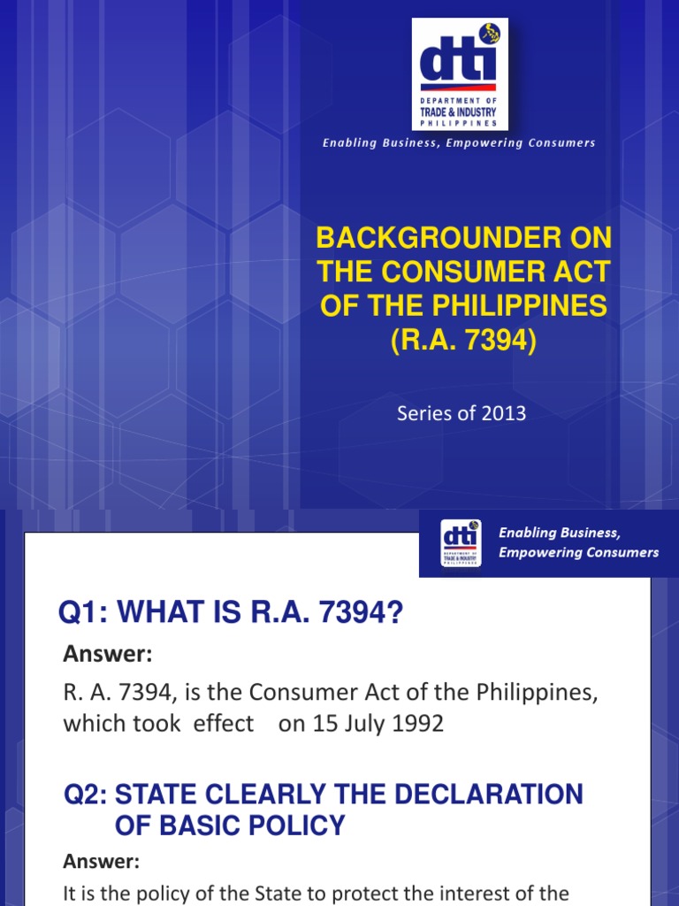 C.1 Backgrounder On The Consumer Act of The Philippines (R.A. 7394) PDF ...