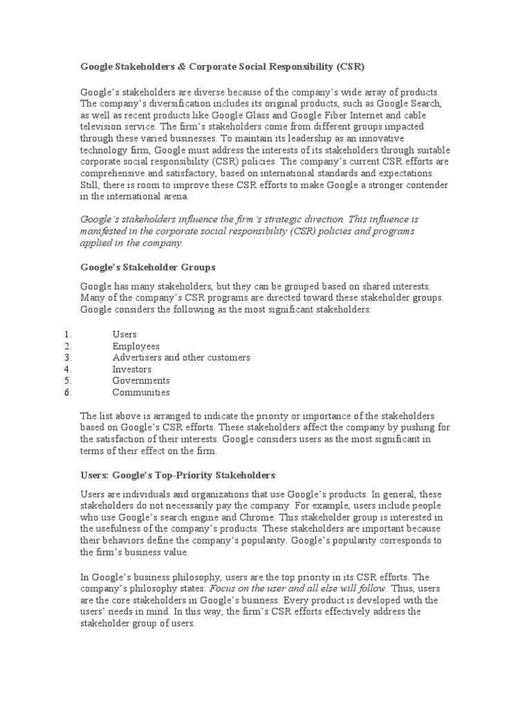 Google Stakeholders & Corporate Social Responsibility (CSR) | PDF ...