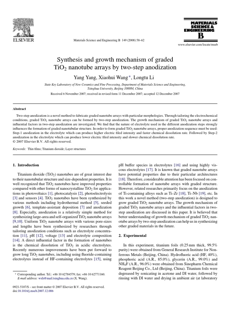 Synthesis and Growth Mechanism of Graded TiO2 Nanotube Arrays by Two ...