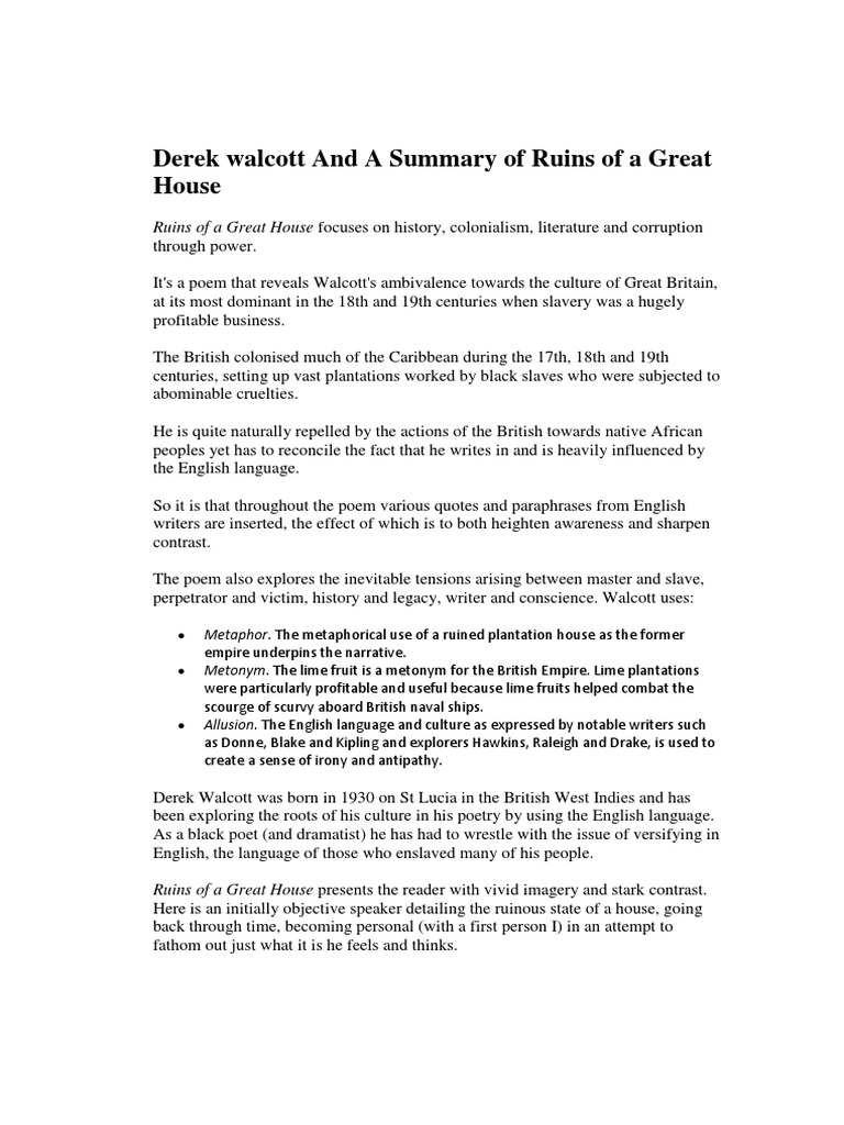 Derek Walcott and A Summary of Ruins of A Great House | PDF | British ...