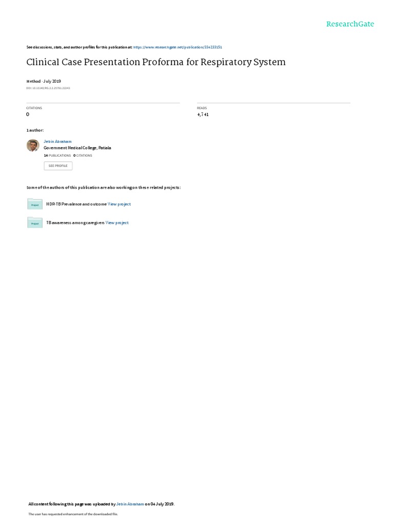 Clinical Case Presentation Proforma For Respiratory System: July 2019 ...