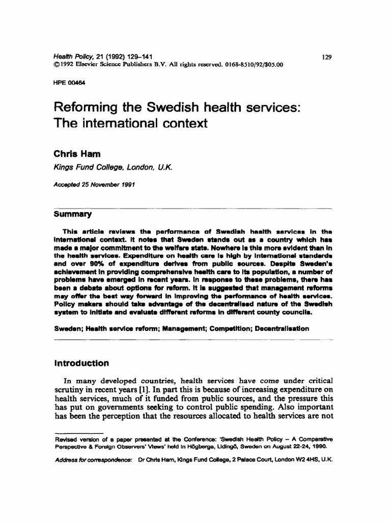 Reforming The Swedish Health Services - The International Context ...