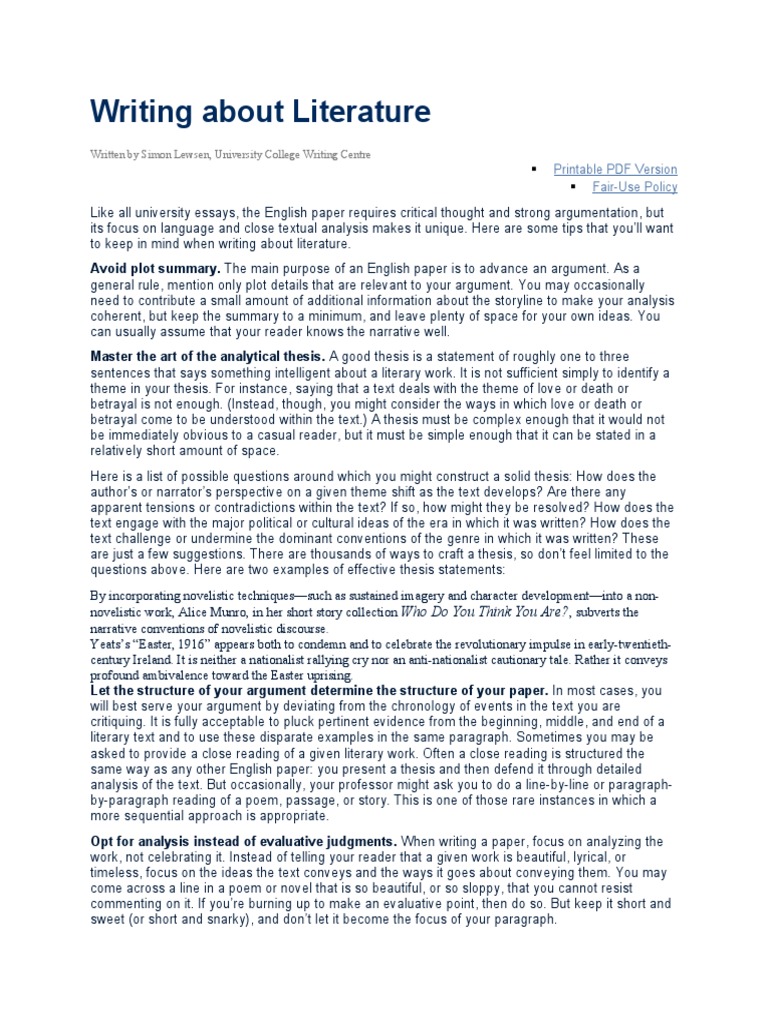 Writing About Literature: Written by Simon Lewsen, University College ...