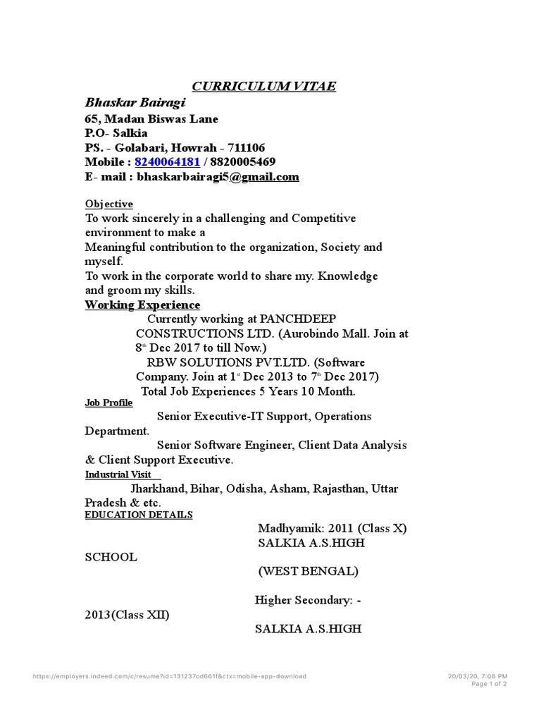 Curriculum Vitae Bhaskar Bairagi: 65, Madan Biswas Lane P.O-Salkia PS. - Golabari, Howrah ...