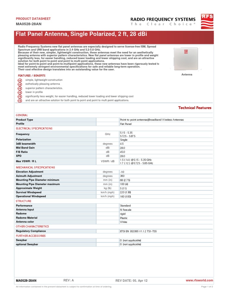 Flat Panel Antenna, Single Polarized, 2 FT, 28 Dbi: Ma0528-28An ...
