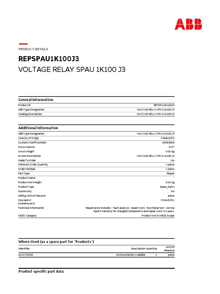 ABB Voltage Relay SPAU 1K100 J3 | PDF | Business