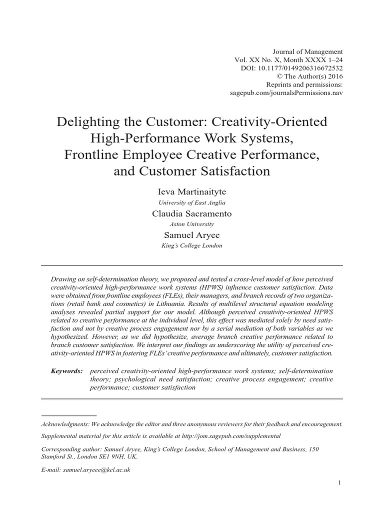 Delighting The Customer: Creativity-Oriented High-Performance Work ...