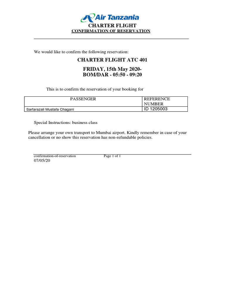 Charter Flight Booking Confirmation Id 1205003 | PDF
