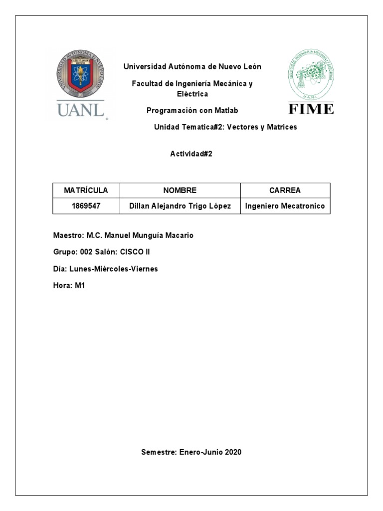 Vectores y Matrices en Matlab | PDF | Matriz (Matemáticas) | Vector ...